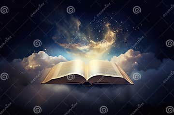 Opened Bible in the Sky with Rays of Light Coming from Above Stock ...