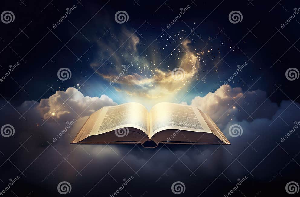 Opened Bible in the Sky with Rays of Light Coming from Above Stock ...