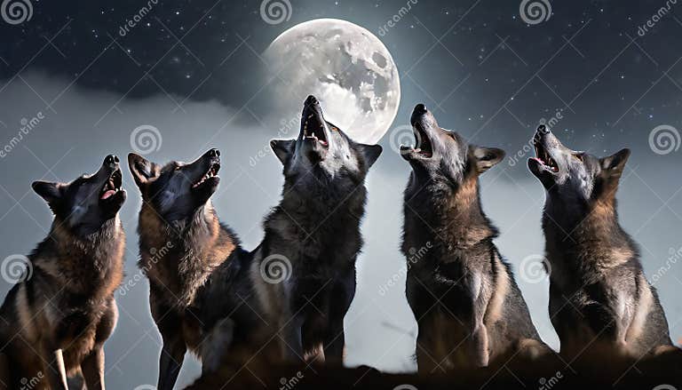 A Wolf Pack Howling at the Moon Stock Illustration - Illustration of ...