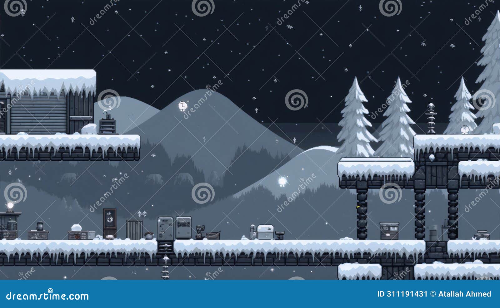 A Pixel Art Platformer Game Level with a Snowy Theme Stock Image ...