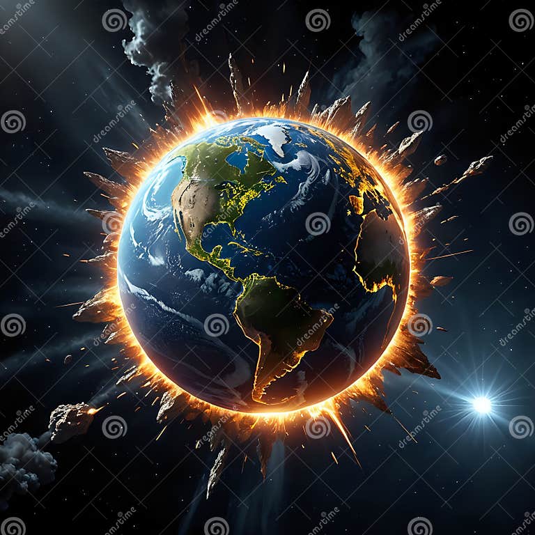 AI Generated Image Planet Earth Exploding in Flames Stock Photo - Image ...