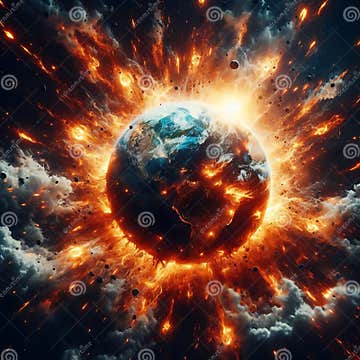 AI Generated Image Planet Earth Exploding in Flames Stock Image - Image ...