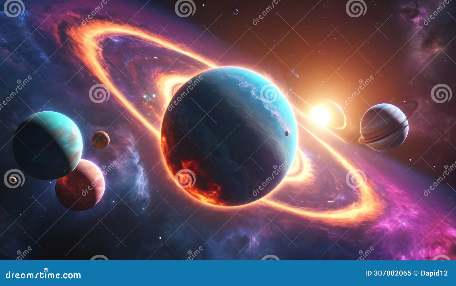 An Image of Planets and Their Rings in Space Solar System with Bright ...