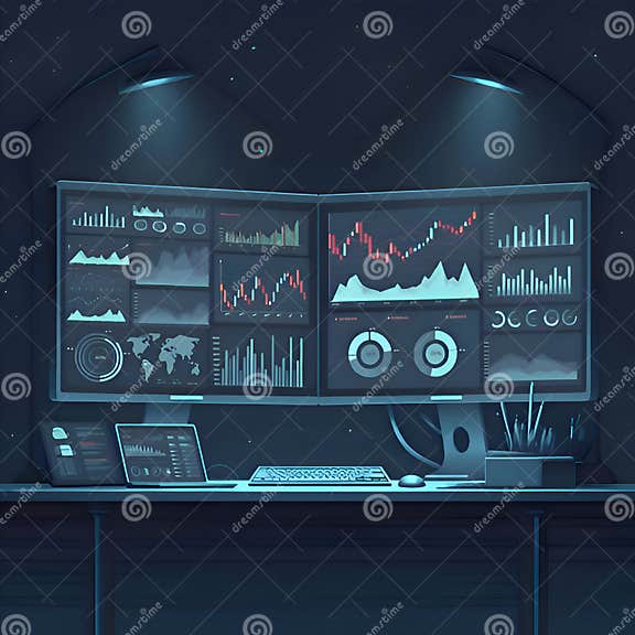 AI-Generated Dimly Lit Financial Trading Room with Data Visualizations ...