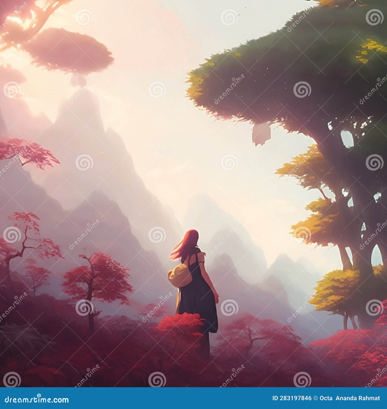 Solemn Gaze: Red-Haired Woman Amidst the Enigmatic Forest and Mountains ...