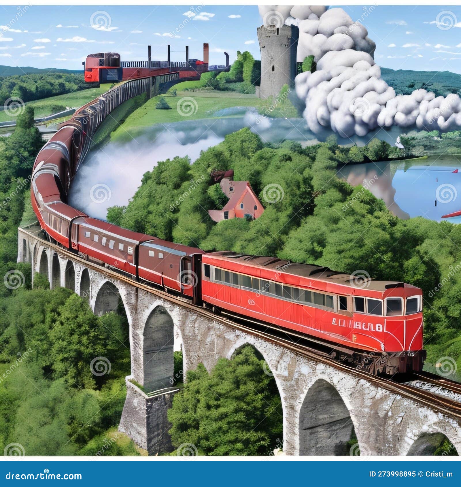 AI Generated Image - Red Train Riding in a Idyllic Landscape Stock ...