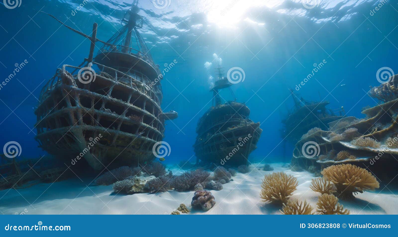 Sunken Ships Set. Sunken Ships Lie On The Water Surface And On The Sand ...