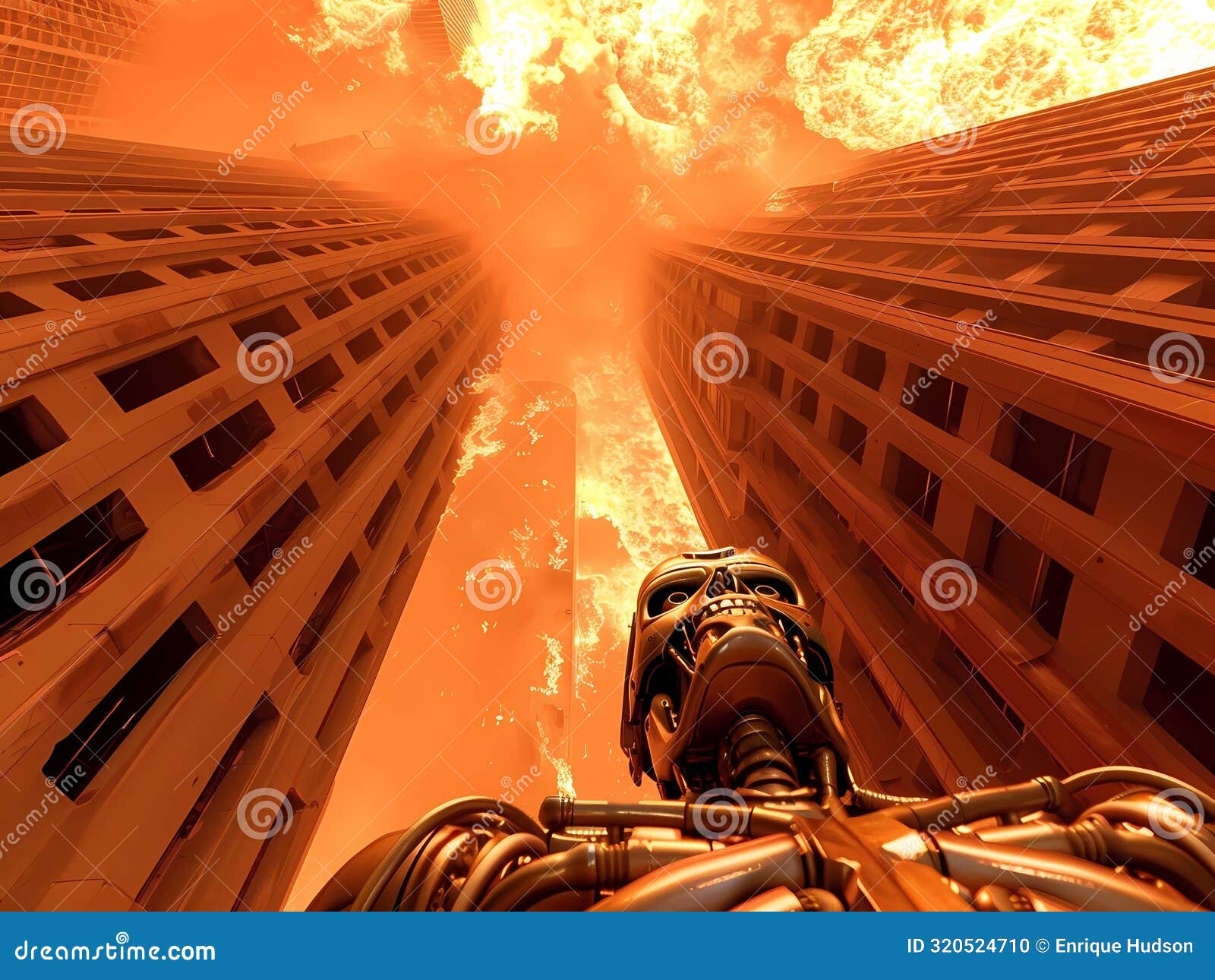 AI-Generated Image of a Robot is Looking Down at a City with a Fire in ...