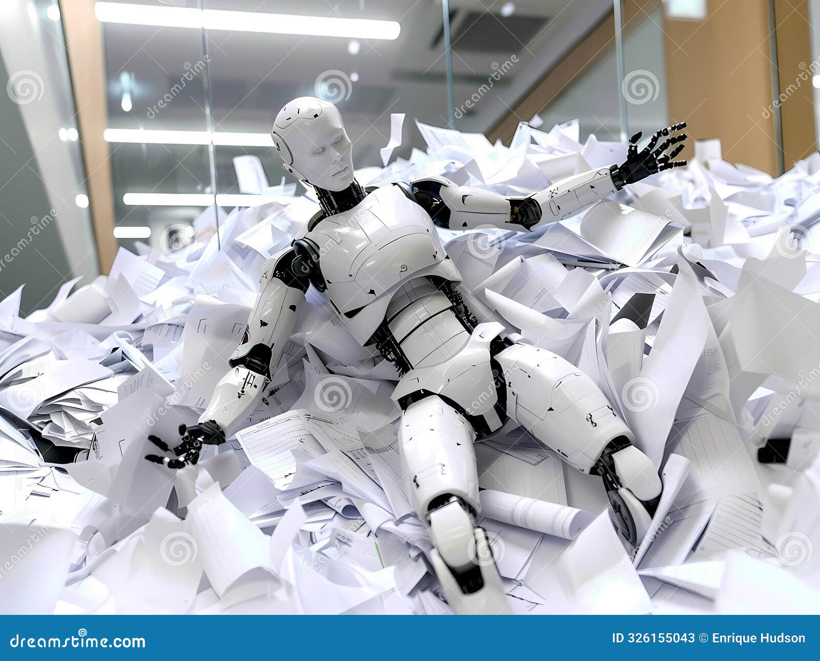 AI-Generated Image of a Robot is Lying on a Pile of White Paper Stock ...