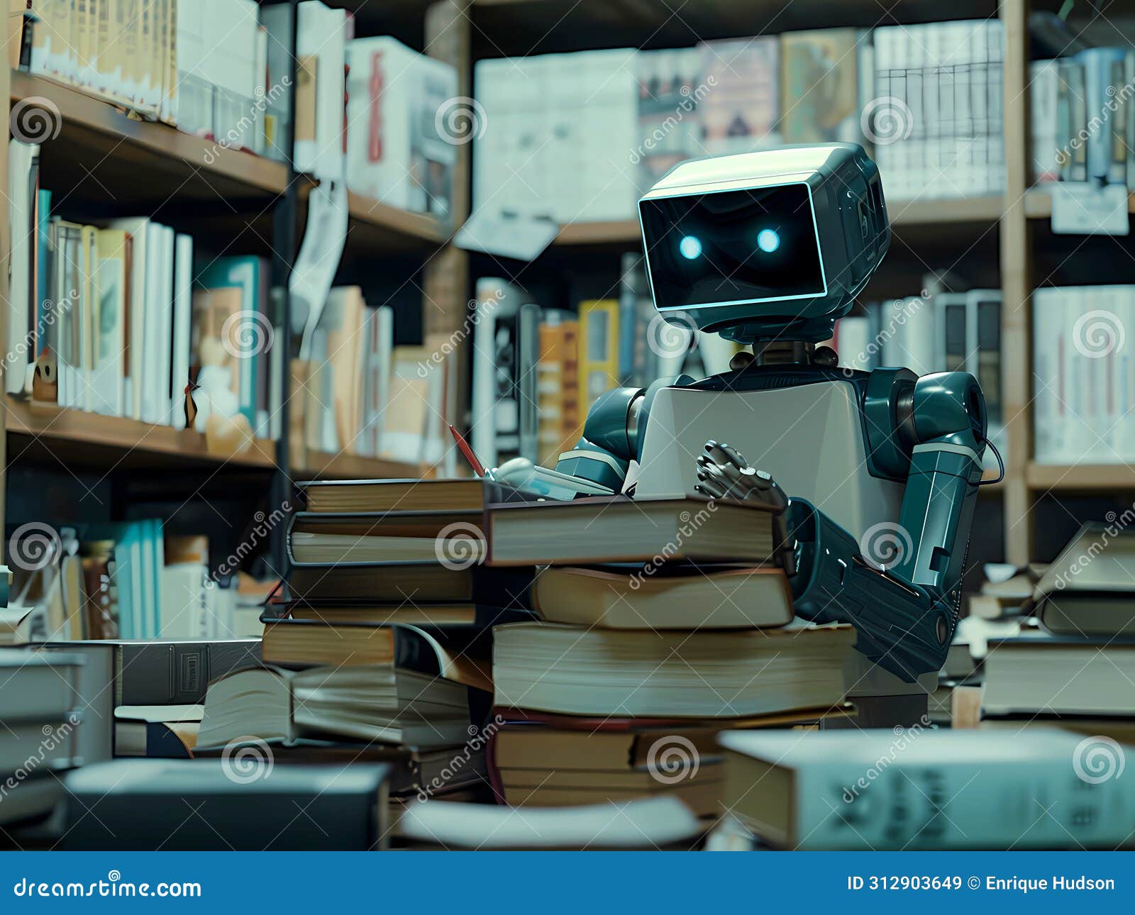 AI-Generated Image: Robot Organizing Stacks of Books in Library Stock ...