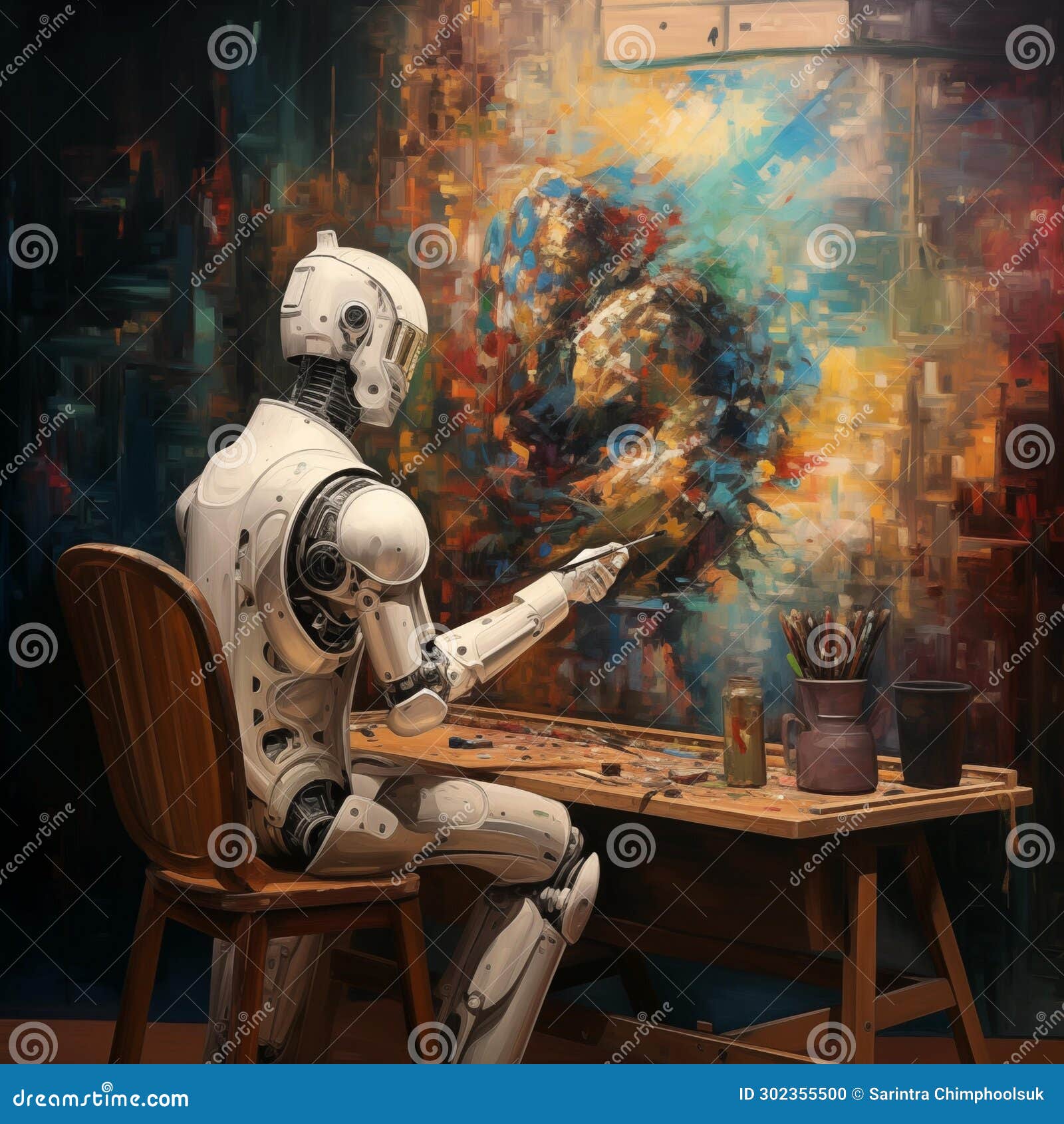 AI-generated Image, Robot Painter Drawing, Concept Drawing with AI Stock Illustration ...