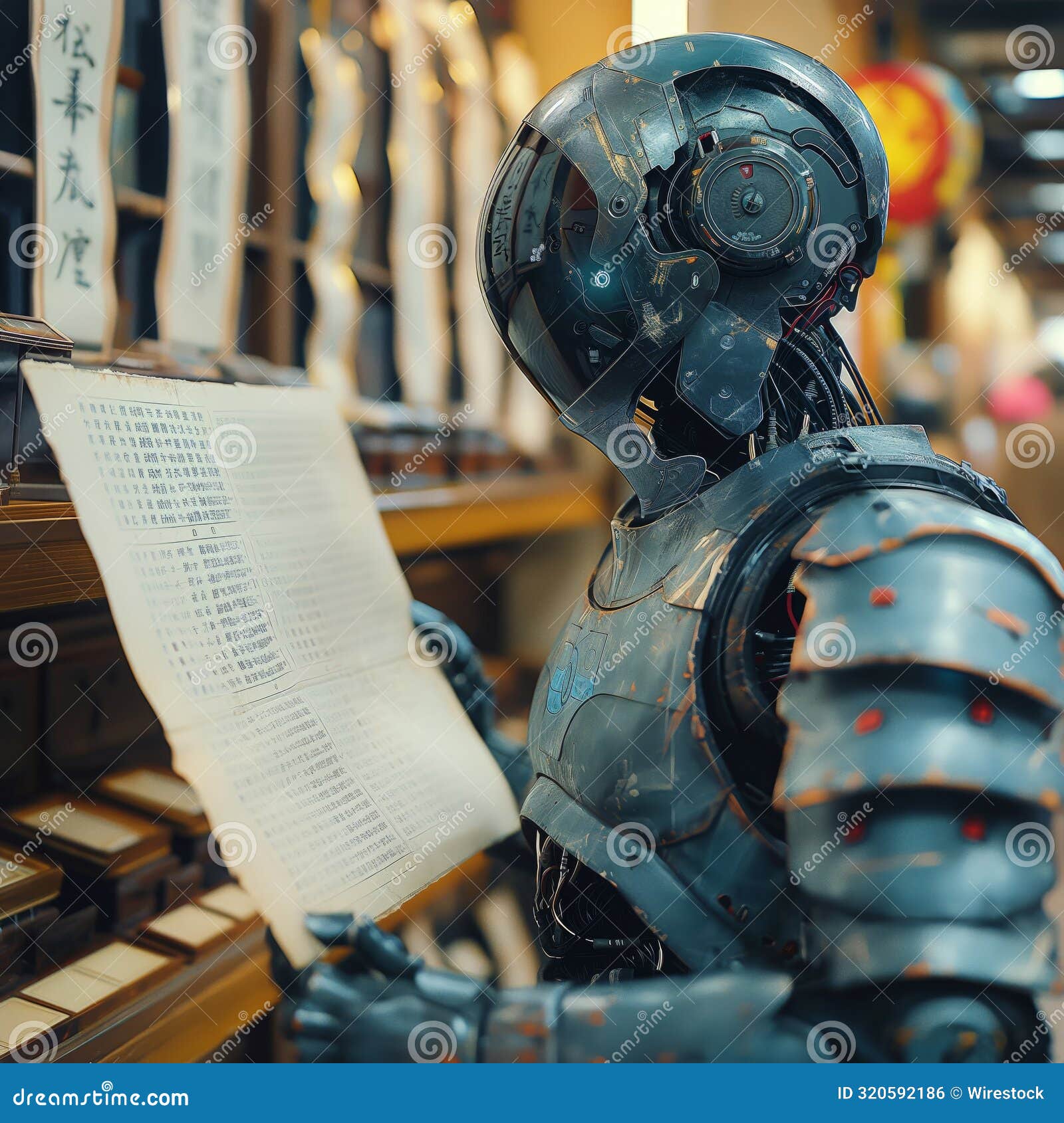 AI-generated Image: "Robot Reading Chinese Script Scrolls." Stock ...