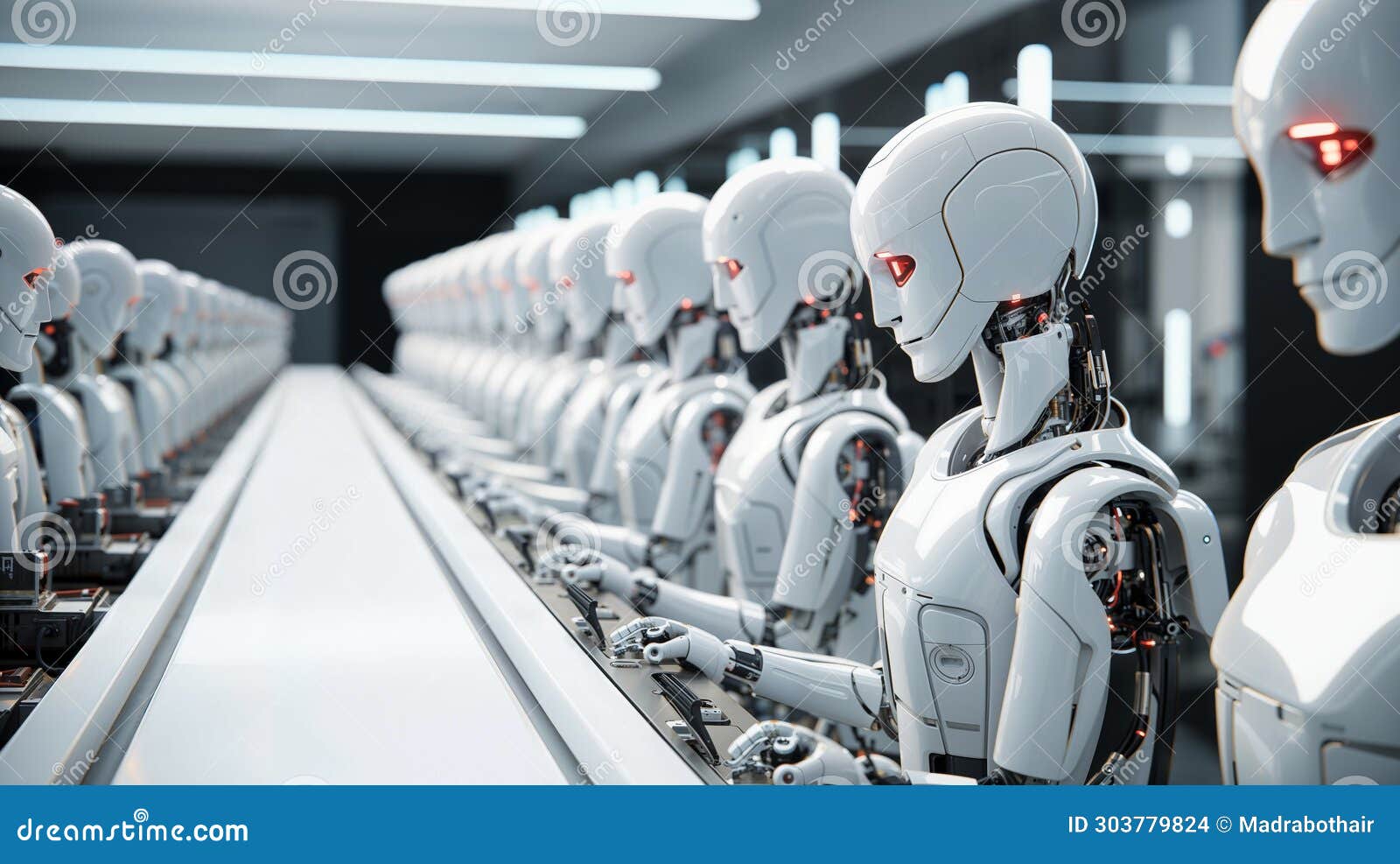 Rows Of Robots Work On An Assembly Line In A Factory Stock Illustration