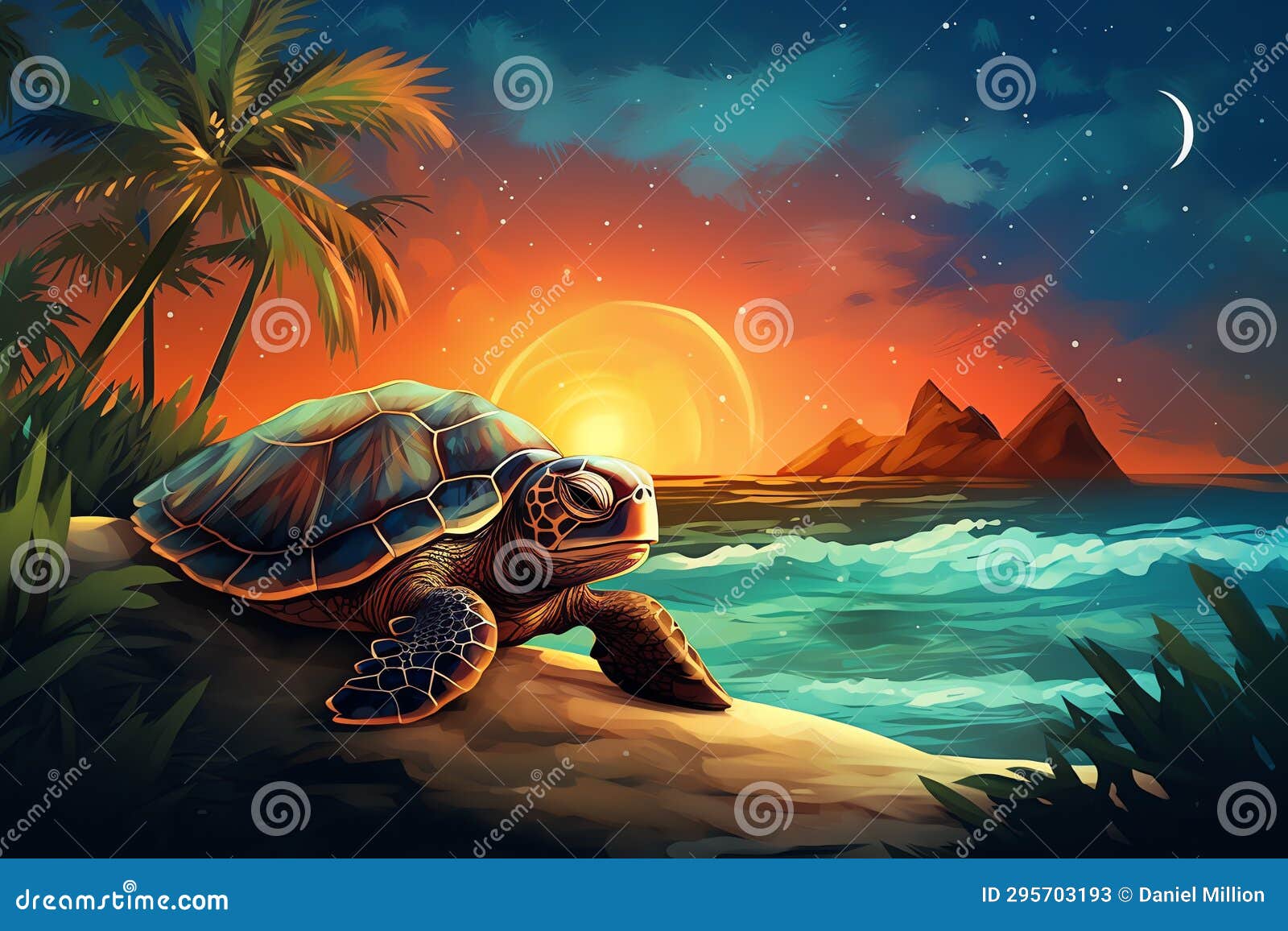 A Sea Turtle Nesting On A Moonlit Beach Vector Tropical Background ...