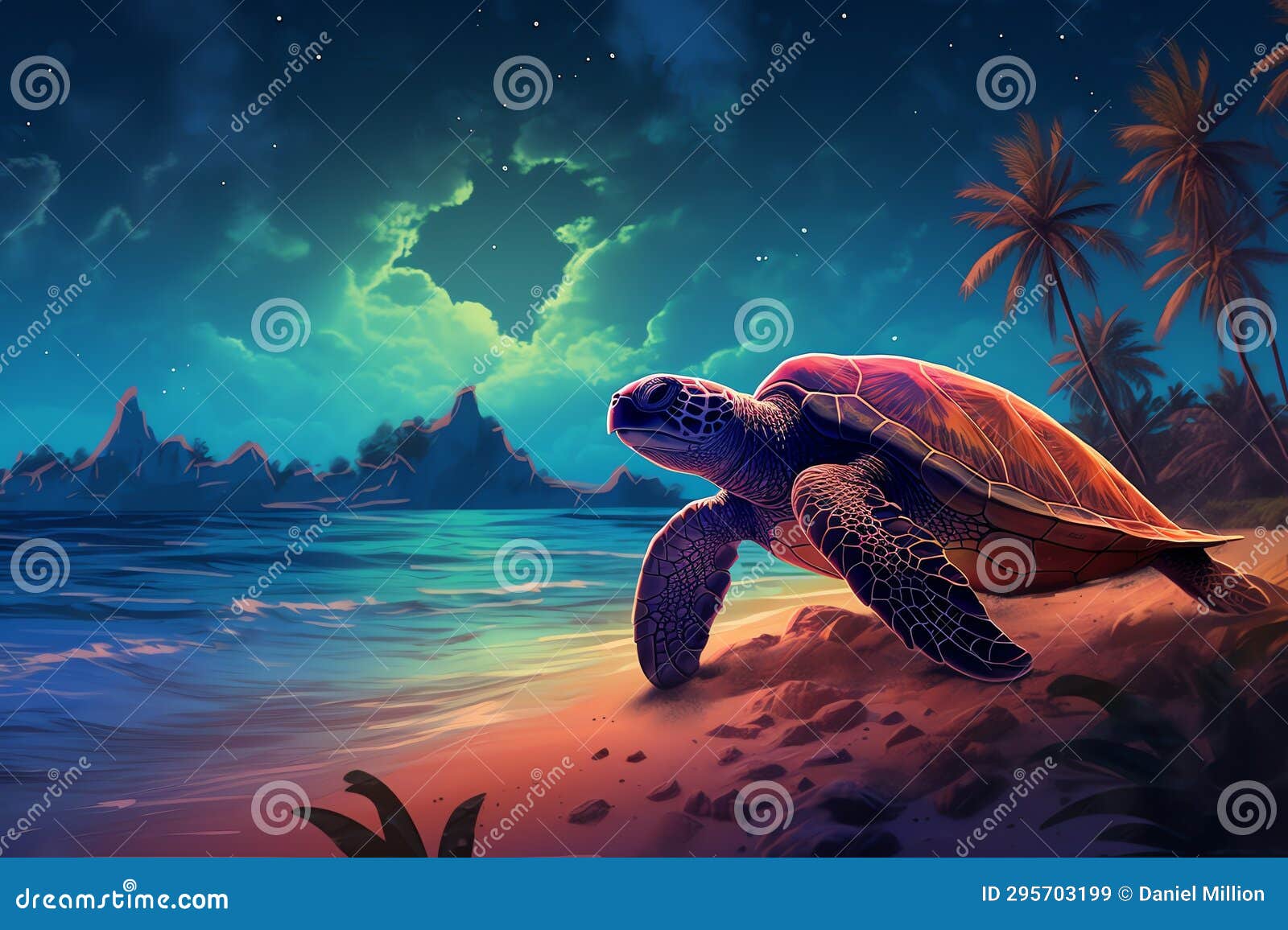 A Sea Turtle Nesting On A Moonlit Beach Realistic Tropical Background ...