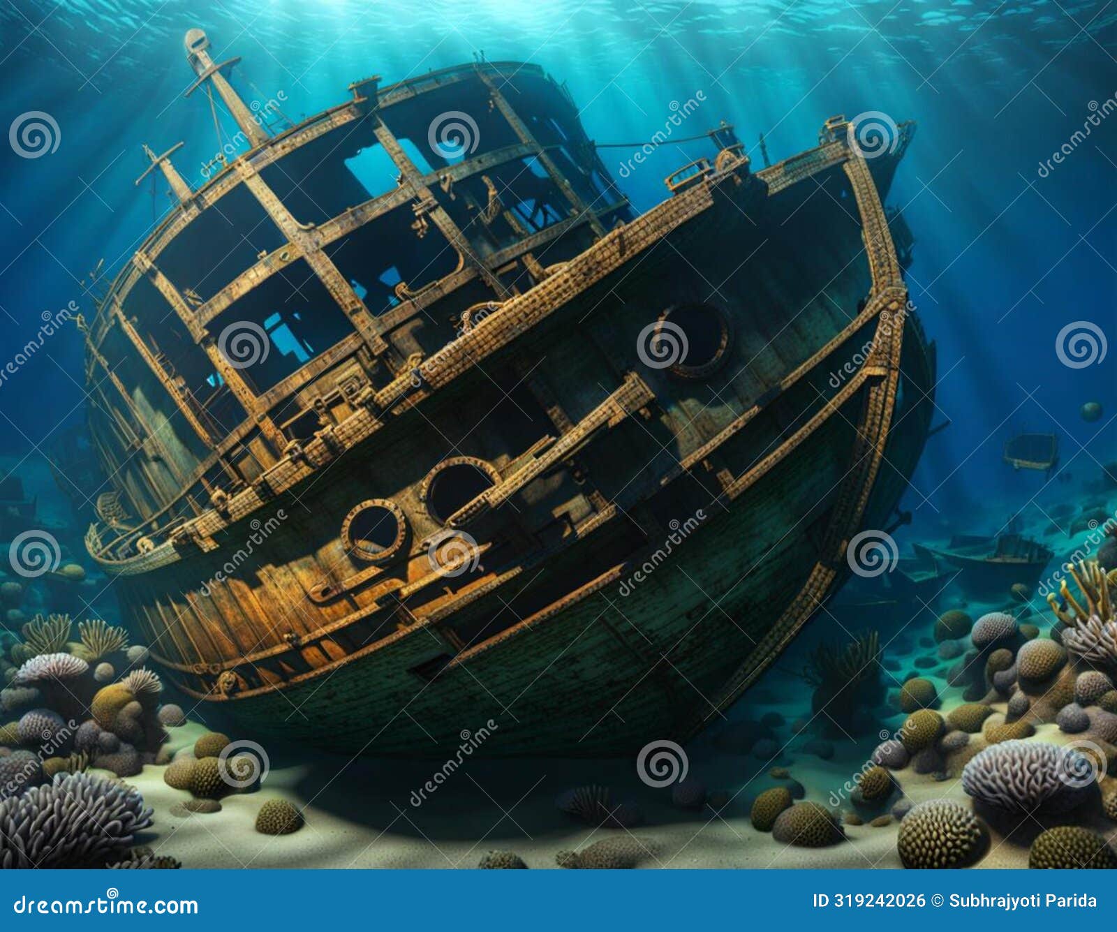 AI Generated Image of a Shipwreck Abandoned Deep in the Sea Bed Stock ...