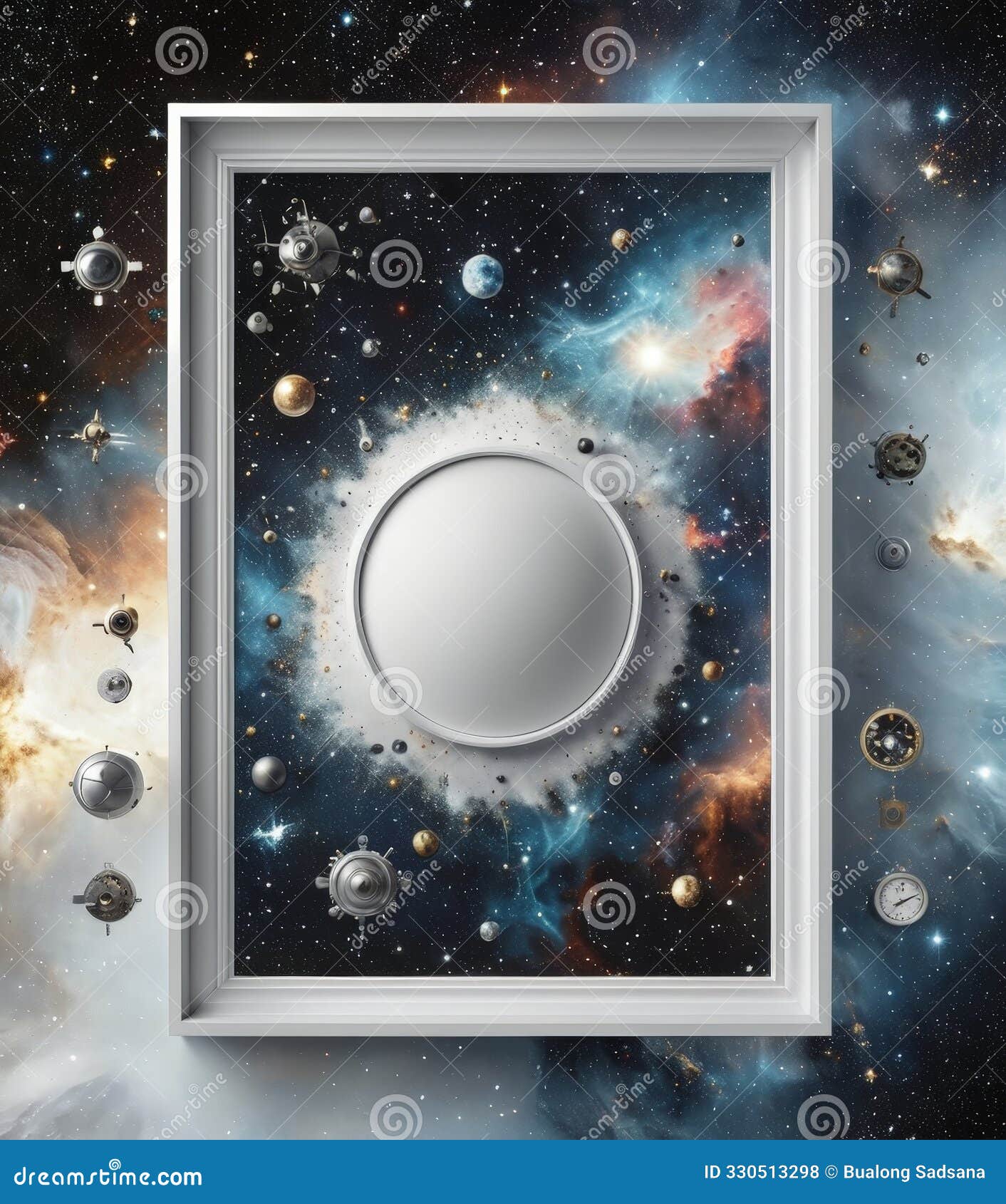 Space Scene with Mirror and Planets Stock Illustration - Illustration ...