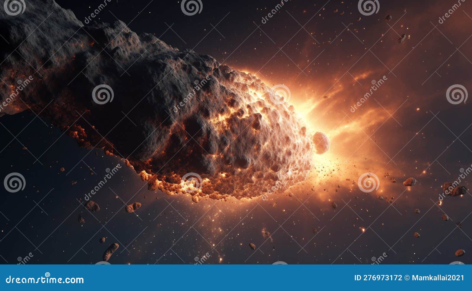 A Massive Asteroid Impact, with Fiery Debris Flying through Space Stock ...