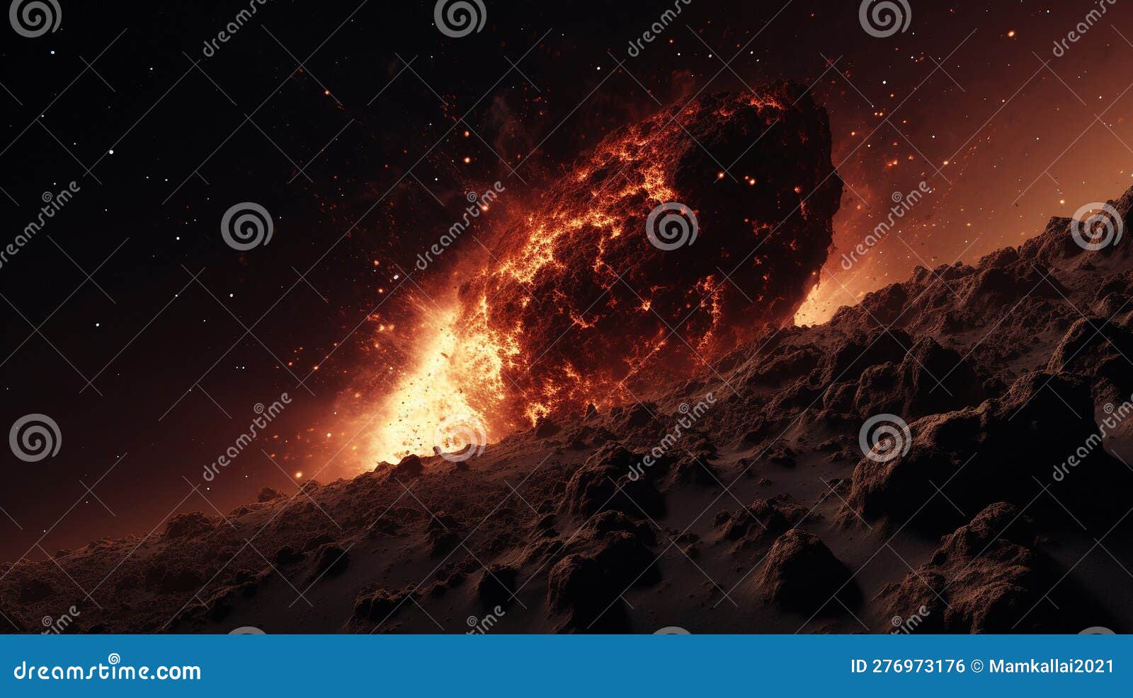 A Massive Asteroid Impact, with Fiery Debris Flying through Space Stock ...