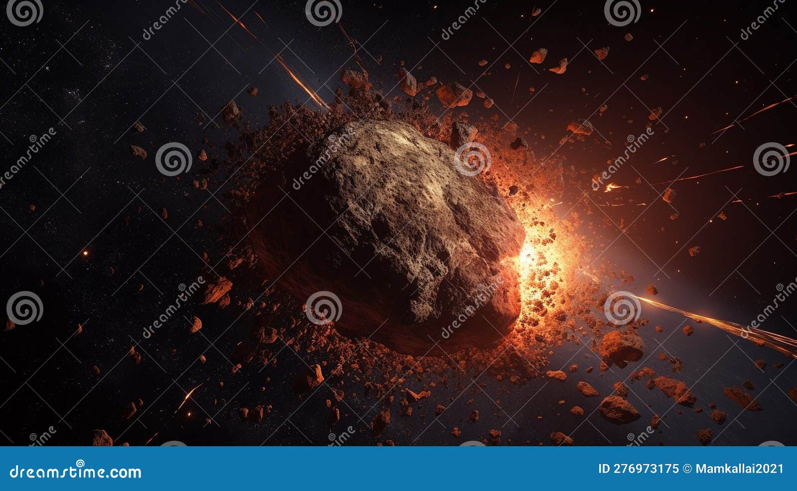 A Massive Asteroid Impact, with Fiery Debris Flying through Space Stock ...