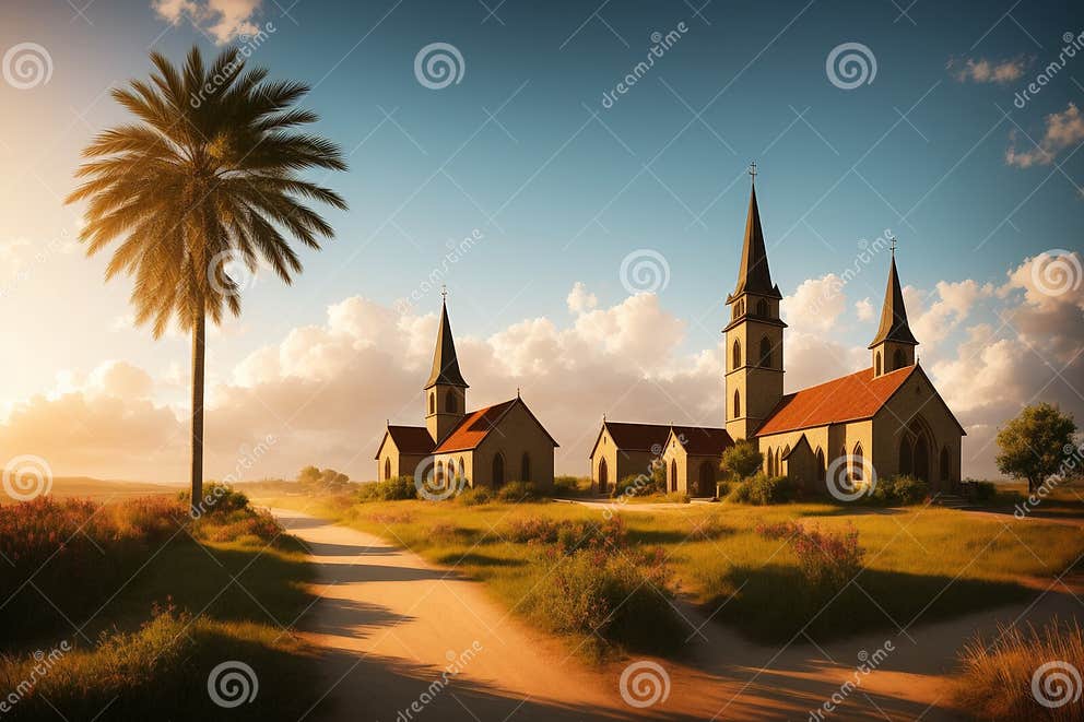 Church with Palm Tree in the Fore Sun Stock Illustration - Illustration ...