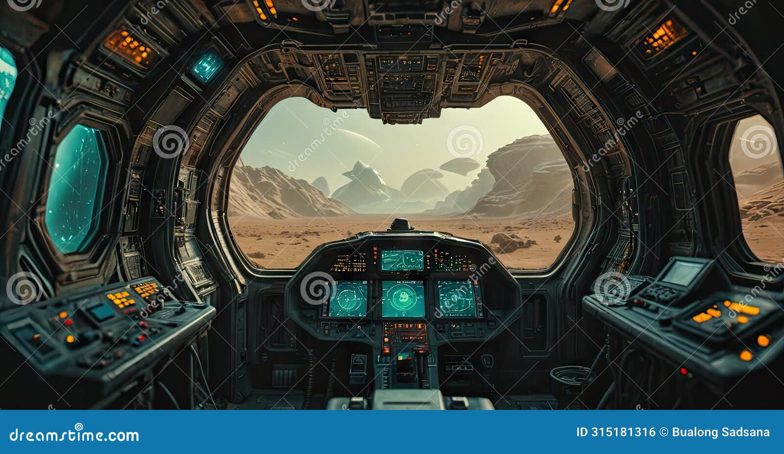 A Cockpit of a Space Shuttle with a View of the Moon. Stock ...