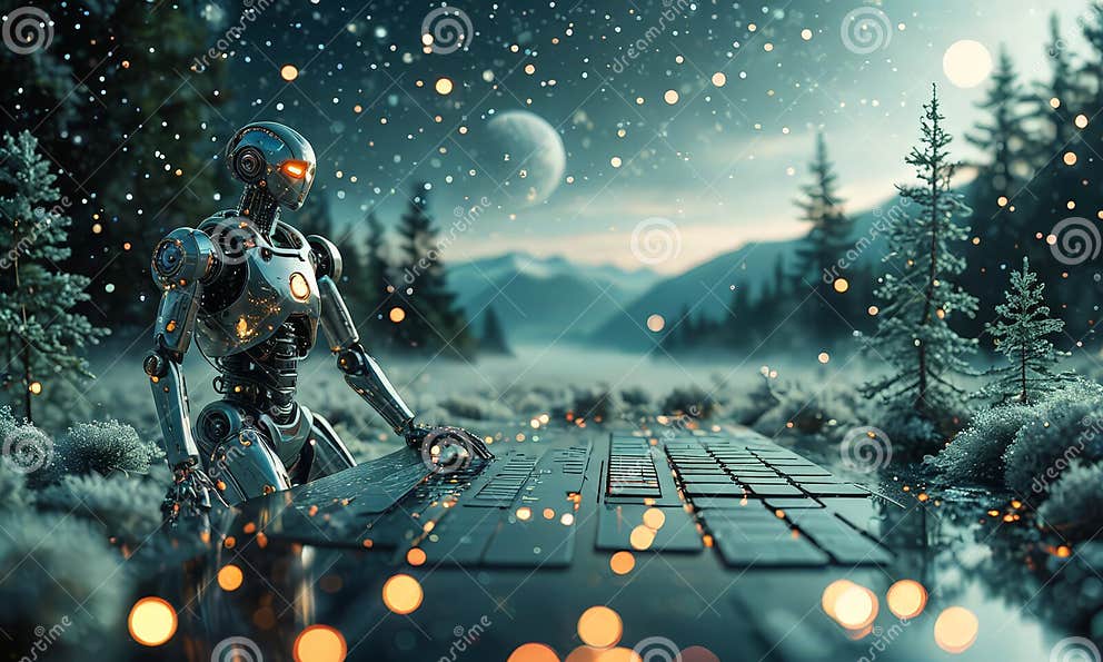 Robot Standing on Computer Keyboard in the Snow Stock Illustration ...