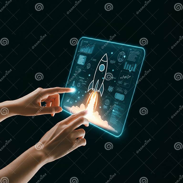 AI-Generated Image of Two Hands Touching a Glowing Screen with Rocket ...