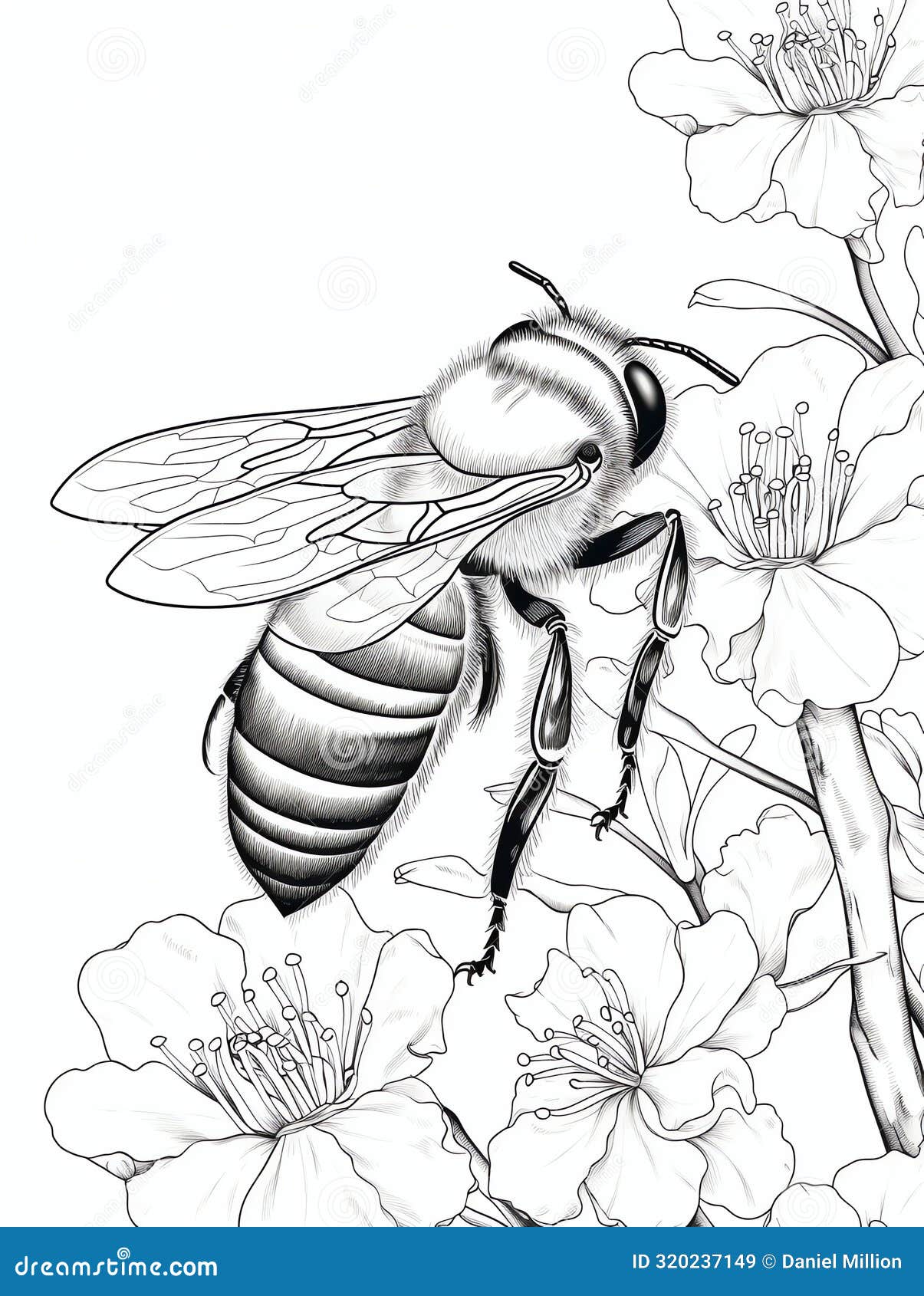 Spring Bee with Pollen Covered Legs Coloring Book Page in Black and ...
