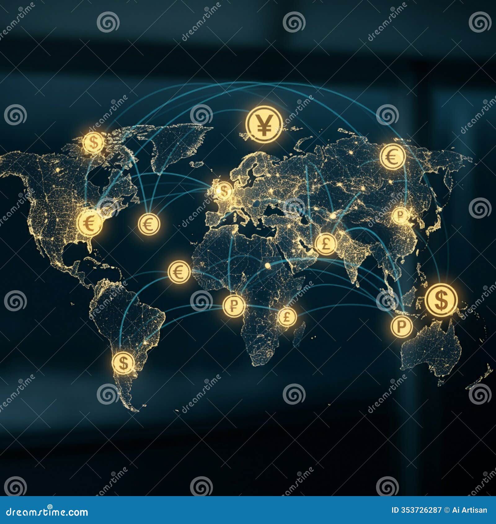 AI Generated Image of Stylized World Map with Currency Symbols Linked ...