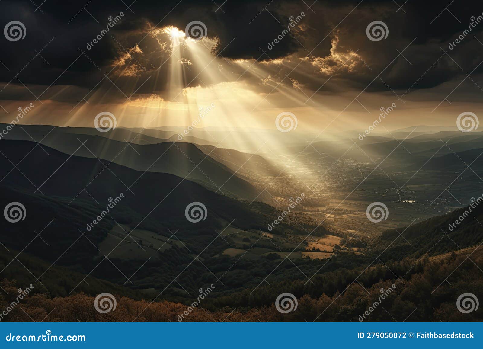 Sunset in the Mountains with Rays of Light Coming from the Clouds Stock ...