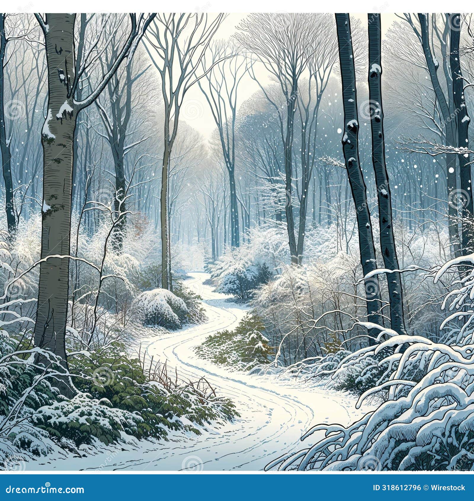 AI-generated Image of a Tranquil Snowy Forest Path, Illustrated in a ...