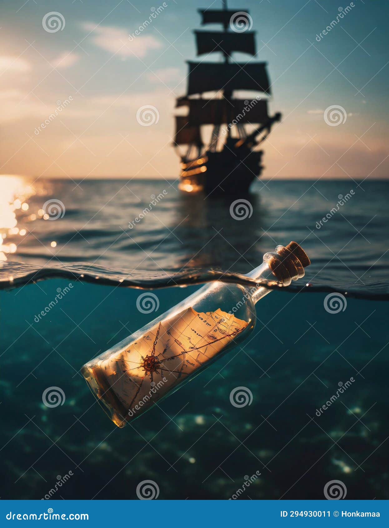 A Treasure Map in a Bottle, Floating at Sea Stock Illustration ...