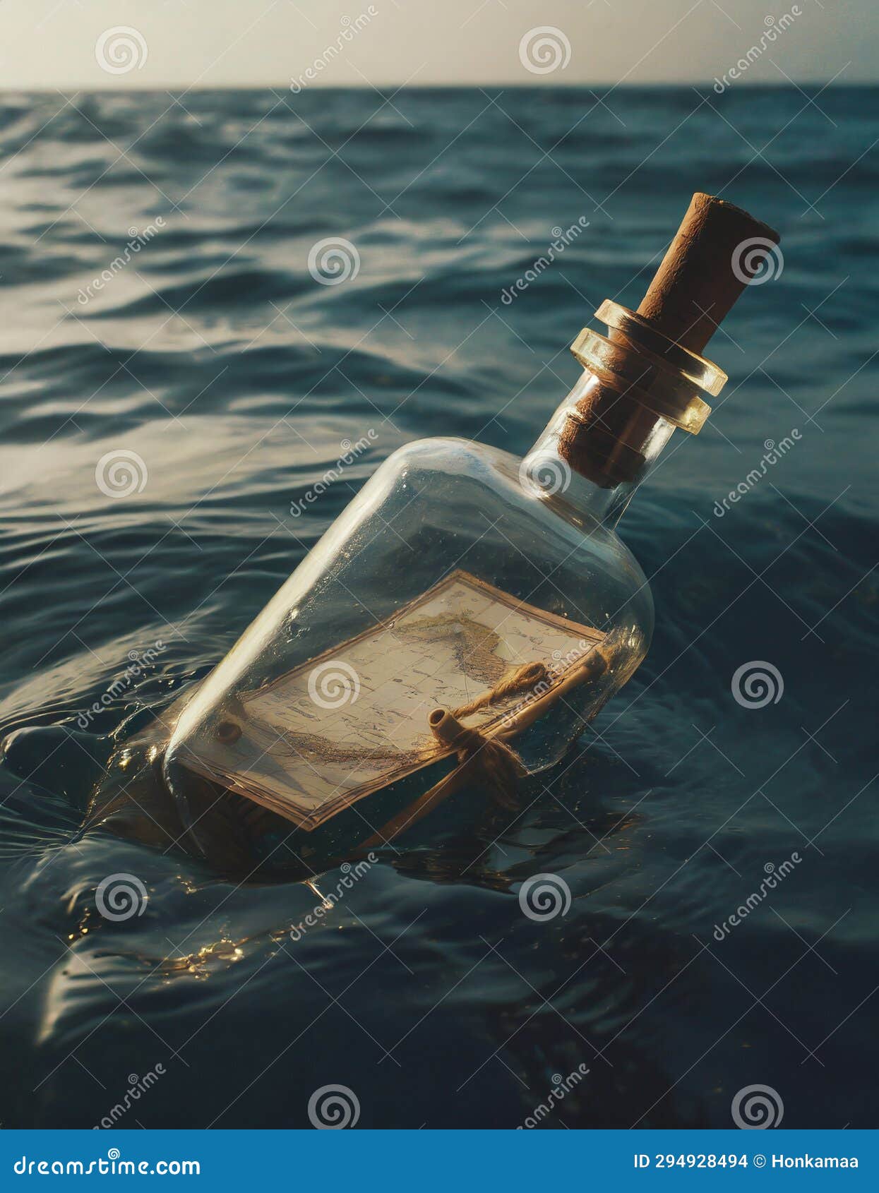 A Treasure Map in a Bottle, Floating at Sea Stock Illustration ...