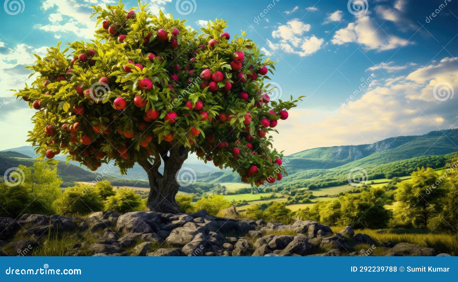 Gnarled Apple Tree in a Serene Landscape AI Generated Stock ...