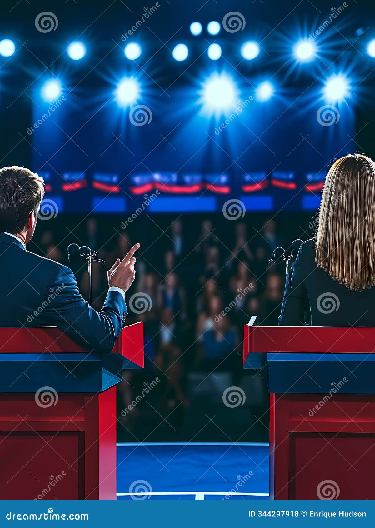 AI-Generated Image of Two People Sitting at a Debate Stage with a Crowd ...