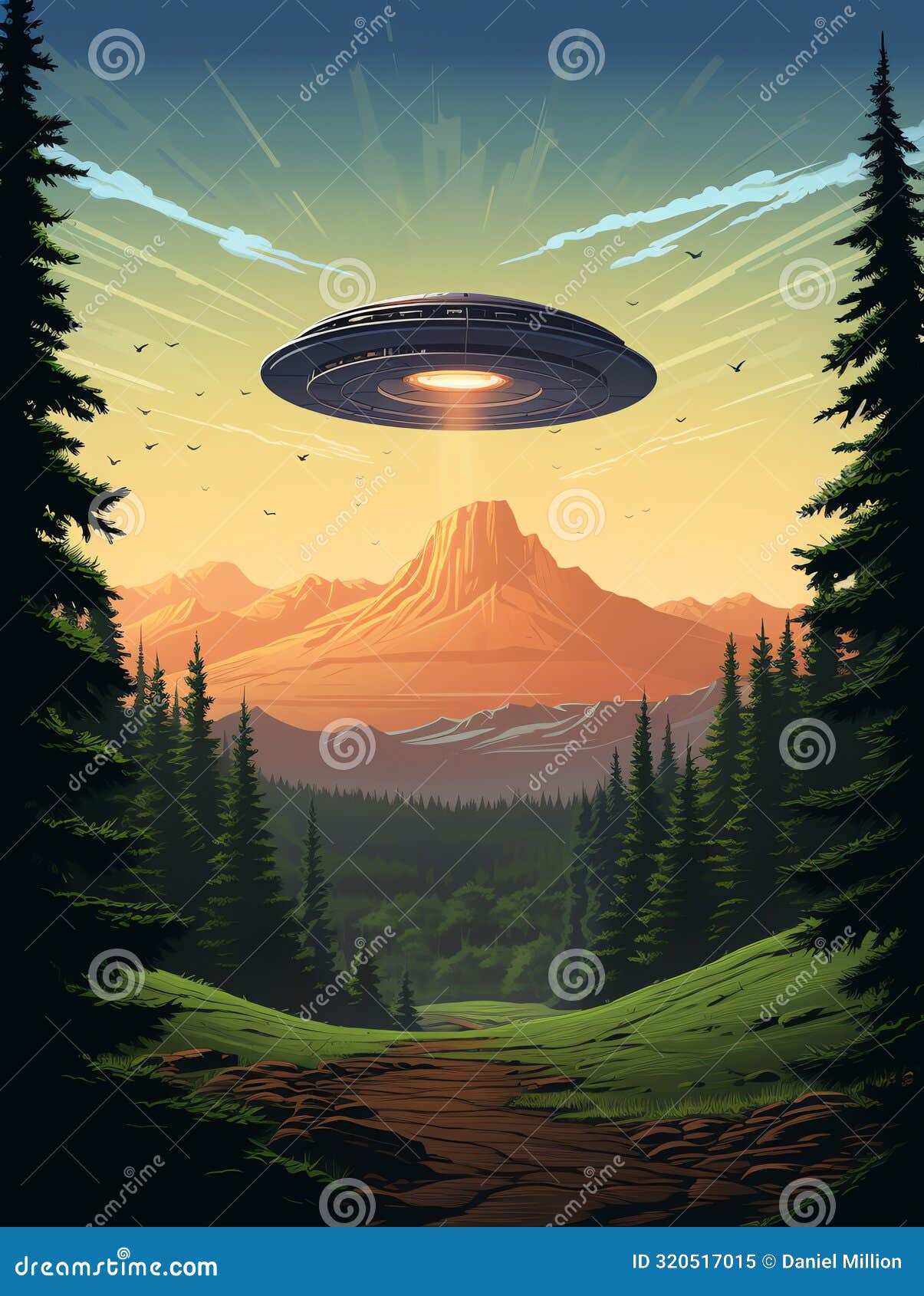 UFO Landing in a Remote Wilderness Sci Fi Illustration for Poster Stock ...