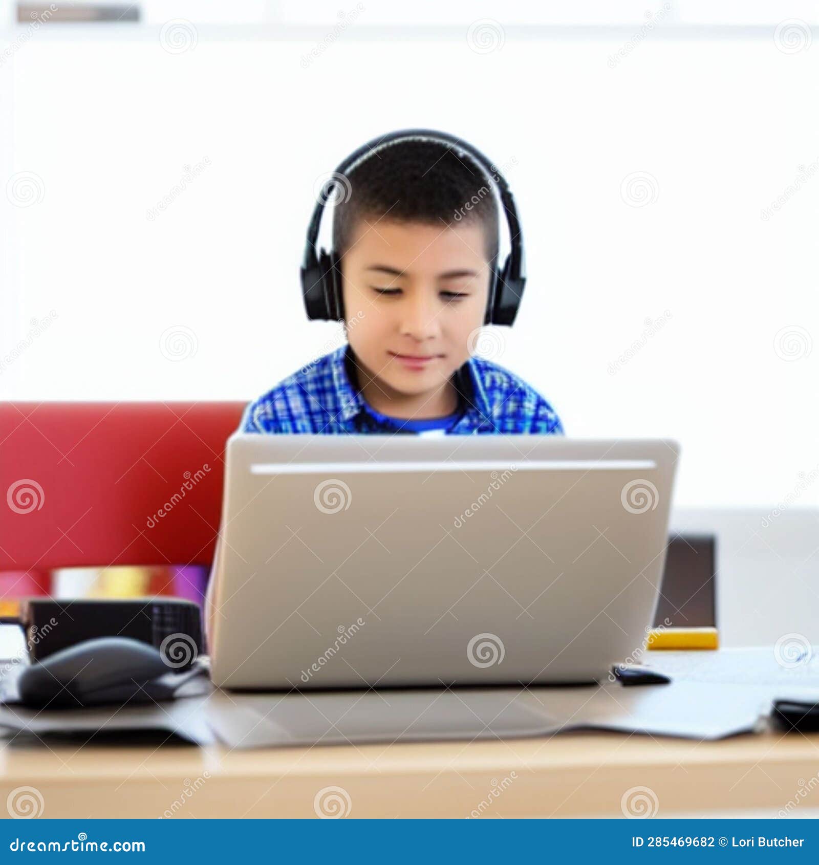 AI Generated Image of a Young Boy Working on a Laptop Computer Stock ...