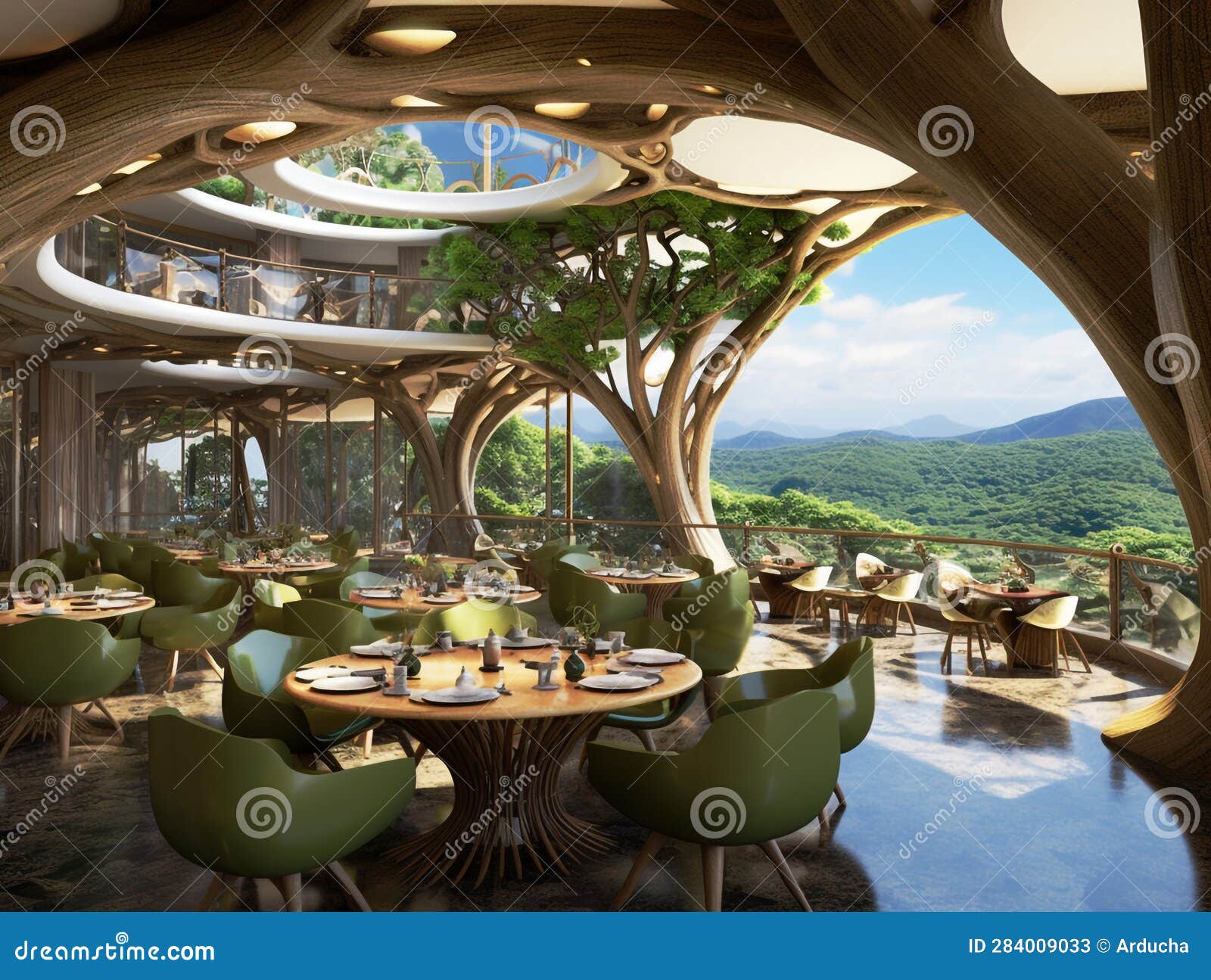 3d Rendering Interior Design Tree House Made of Wood Materials Stock ...