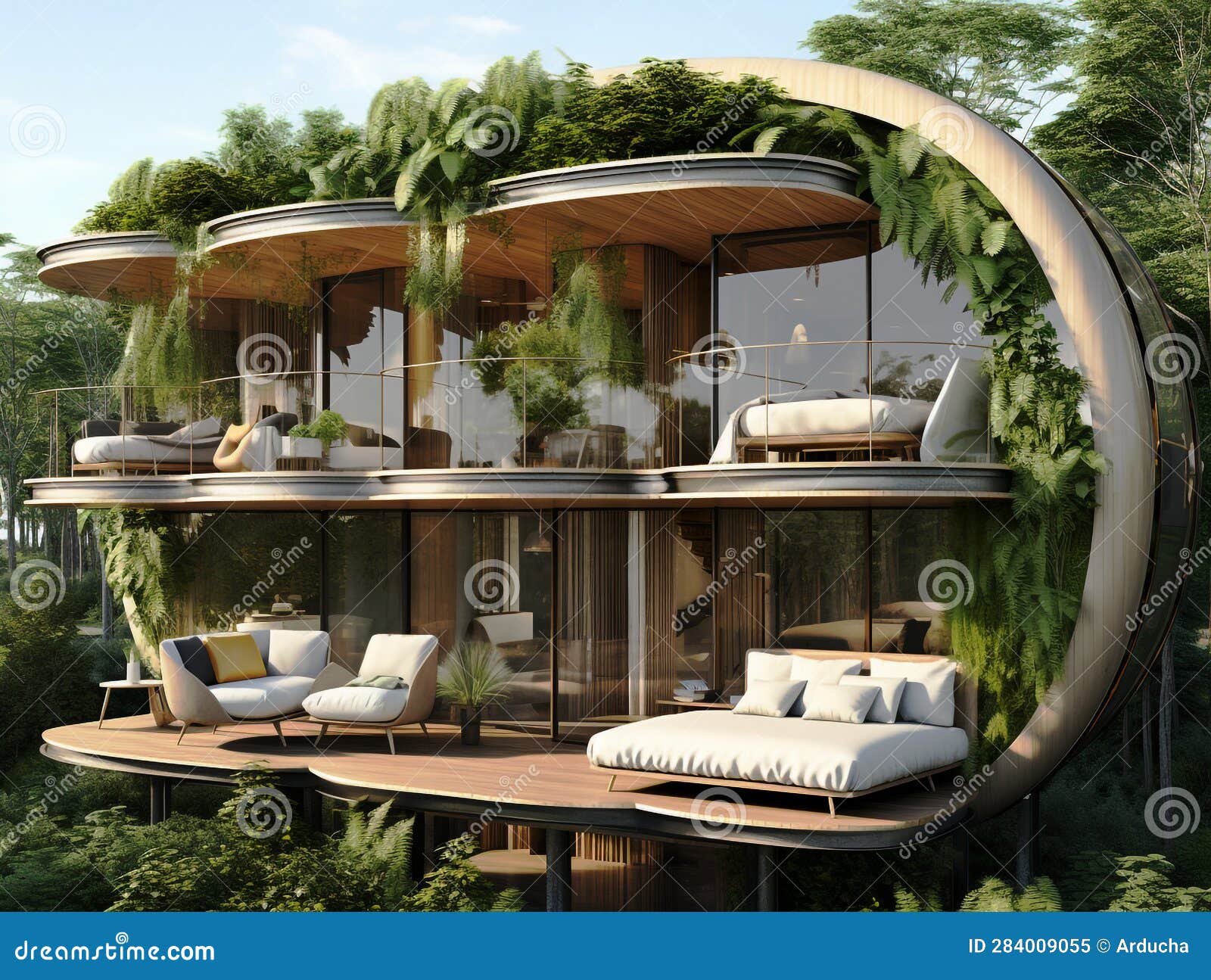 3d Rendering Interior Design Tree House Made of Wood Materials Stock ...