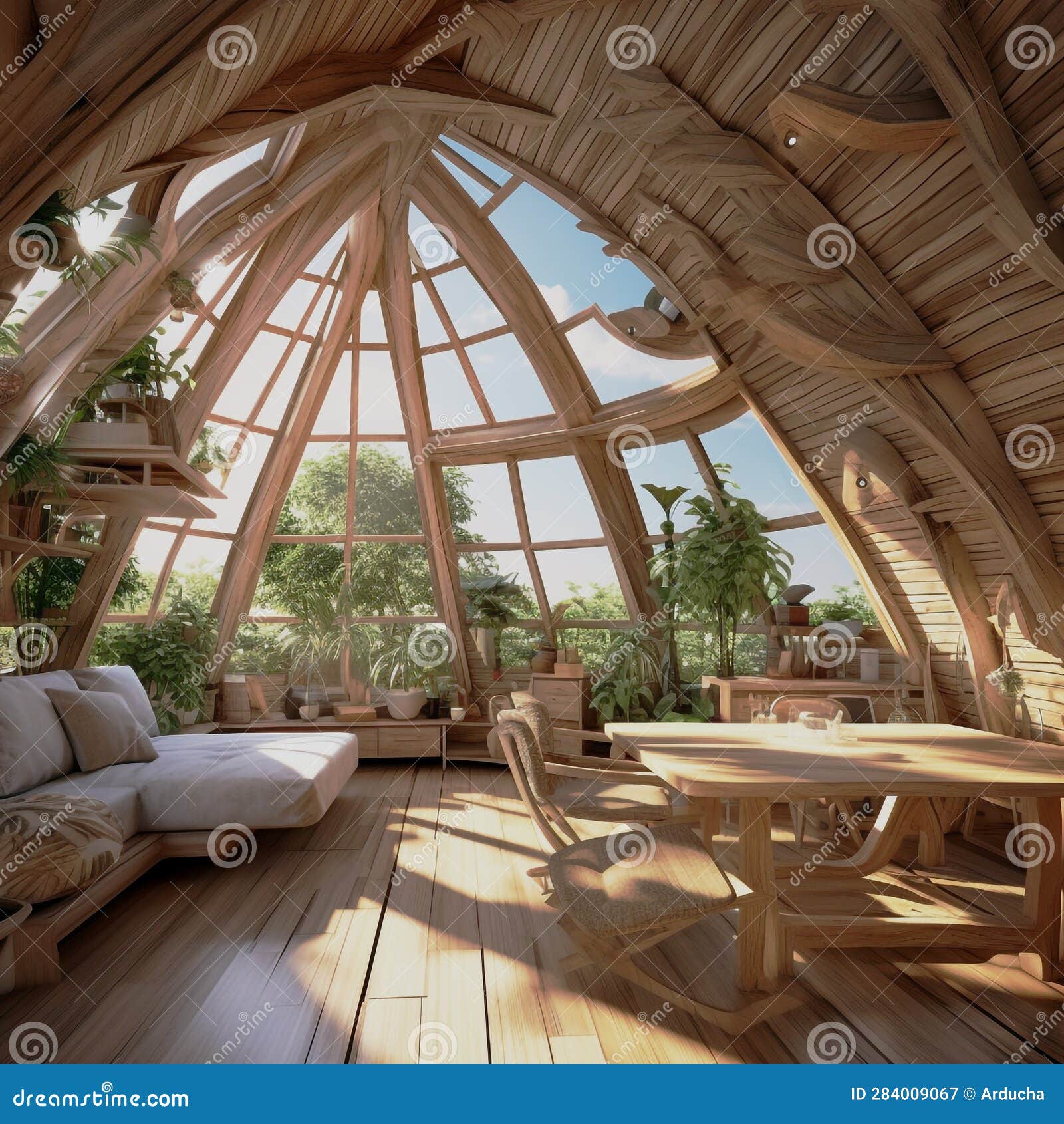 3d Rendering Interior Design Tree House Made of Wood Materials Stock ...