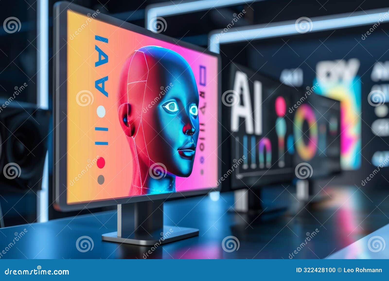 AI Interface on Multiple Screens in a Dark Room, Symbolizing the ...