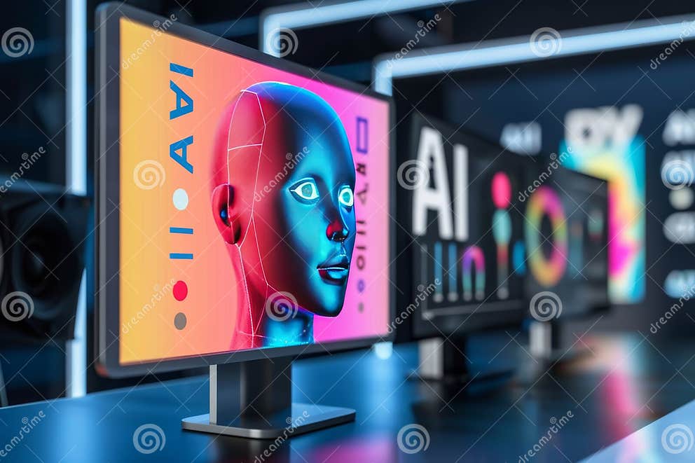 AI Interface on Multiple Screens in a Dark Room, Symbolizing the ...
