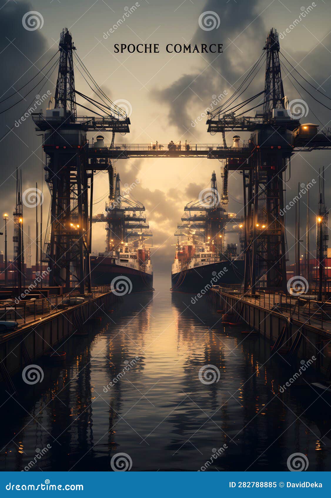 Double Exposure of Seaport with Cargo Cranes and Ship. Stock ...