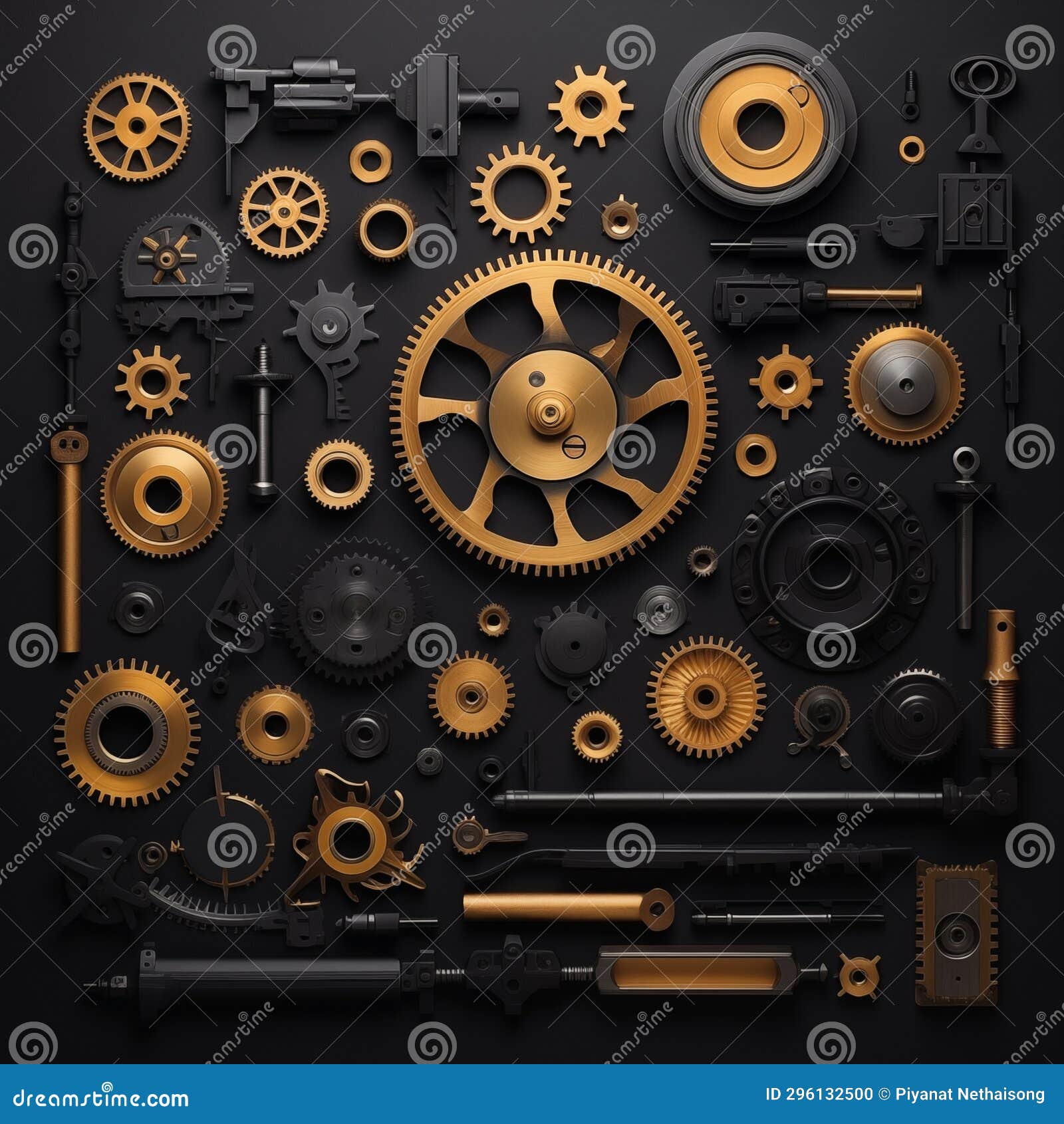 Ai Generated Knolling Object Separate Part of Gear Mechanical. Gold and ...