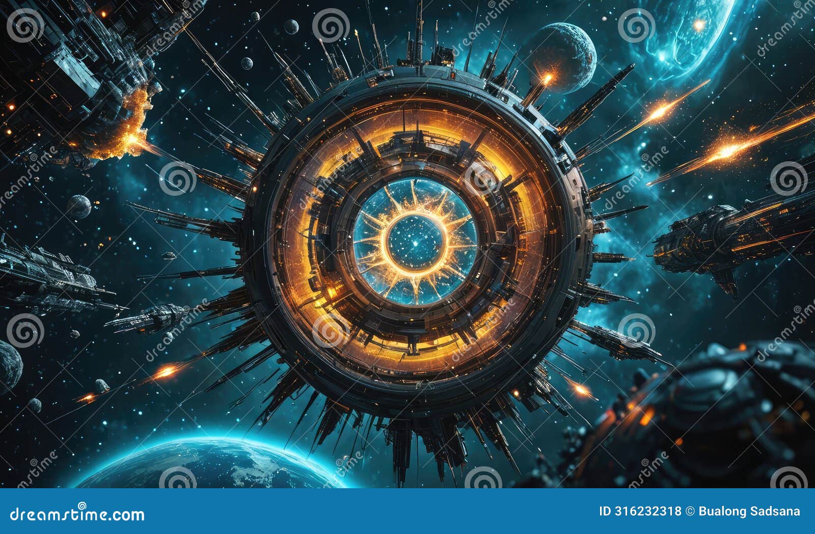 A Space Scene with a Large Black Circle in the Center. Stock ...