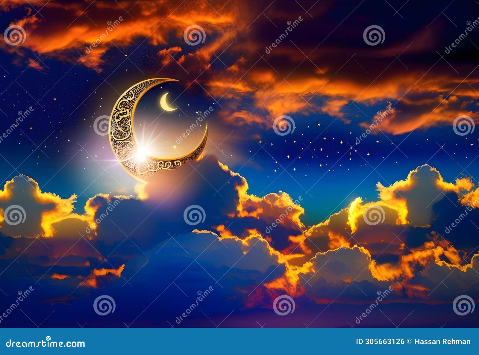 Magic Ramadan Cloudscape Sky with Crescent Moon Star and Evening Sun ...