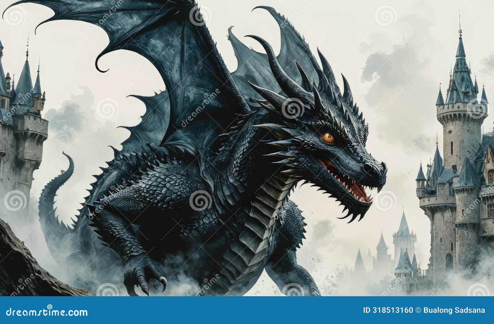 A Dragon is Shown in a Castle, with a Castle in the Background. Stock ...