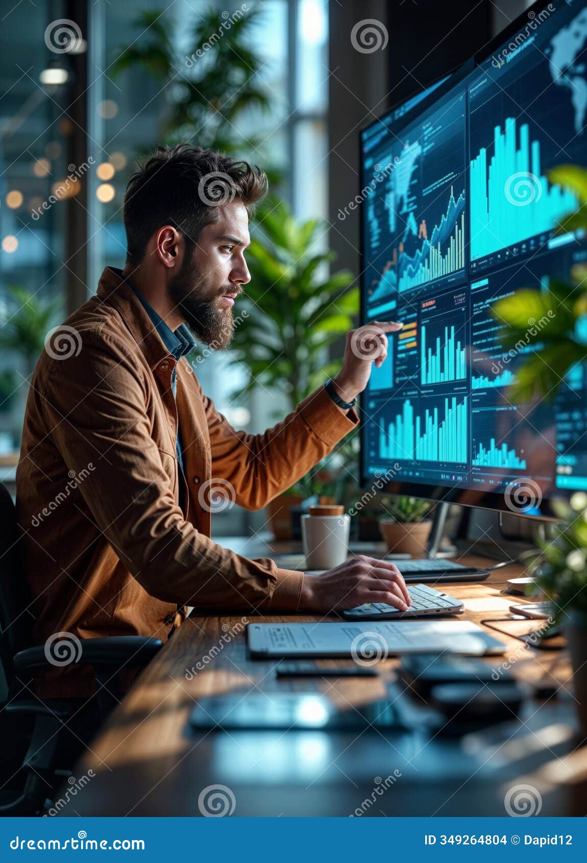 A Man is Working on a Computer with Graphs and Charts on it Stock ...