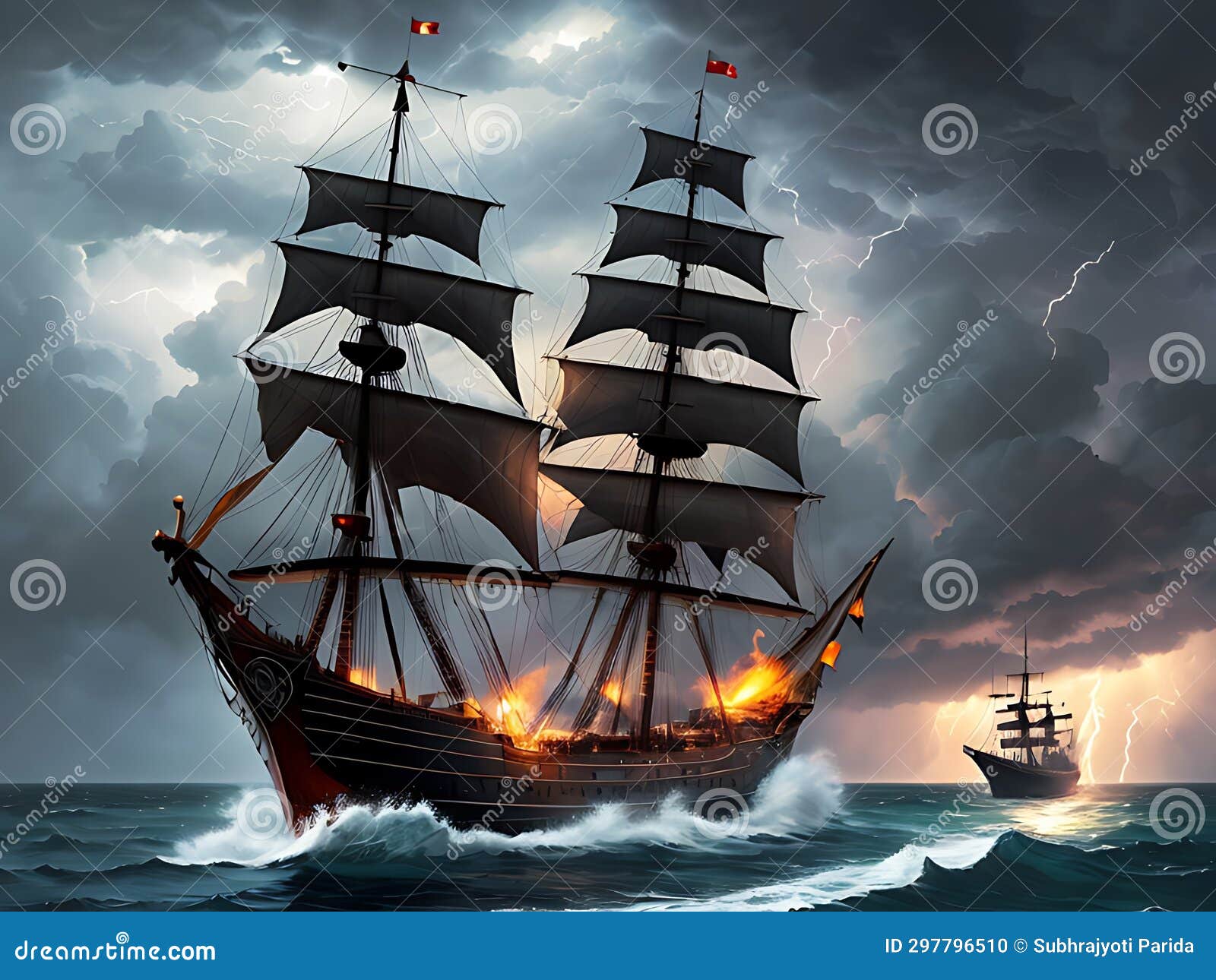 AI Generated Medieval Era Ship on Fire in the Middle of the Ocean ...